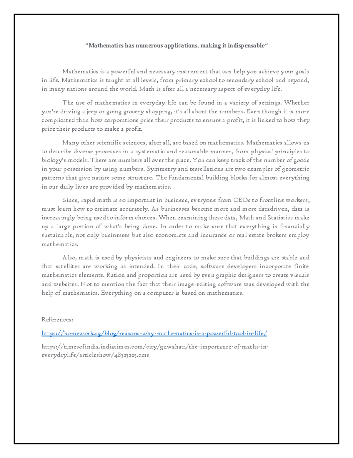 Mathematics in Daily Life Applications: A Synthesis Essay - Studocu