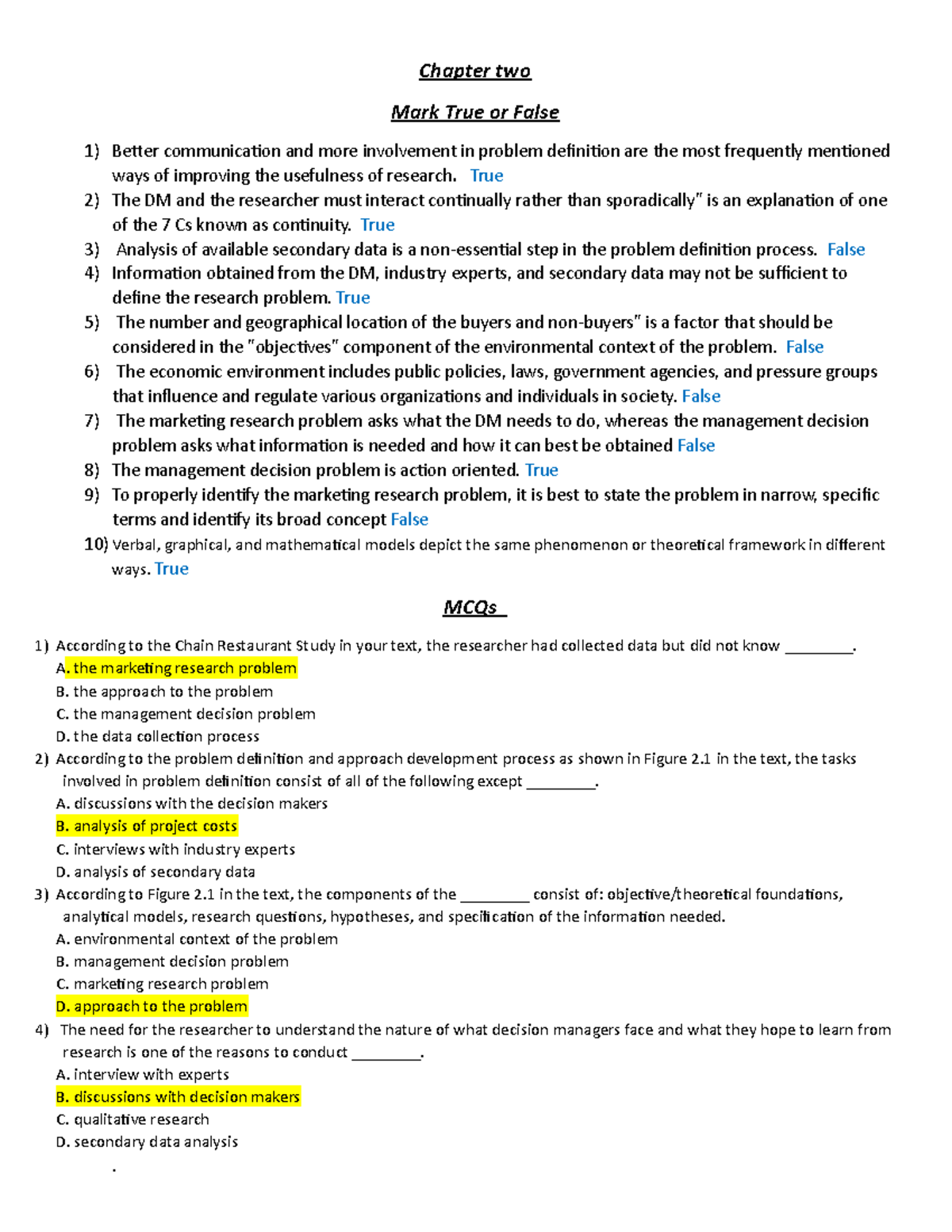 Chapter 2 MR Revision: True/False & MCQs Overview - Studocu