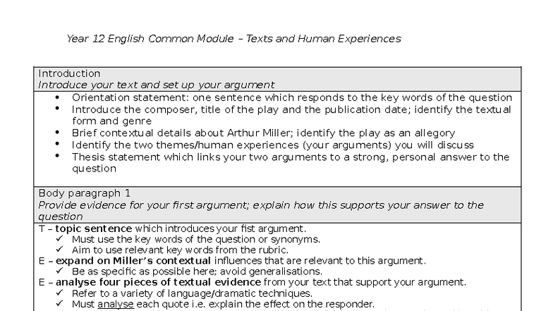 Year 12 English Common Module: The Crucible Essay Scaffold on Human ...