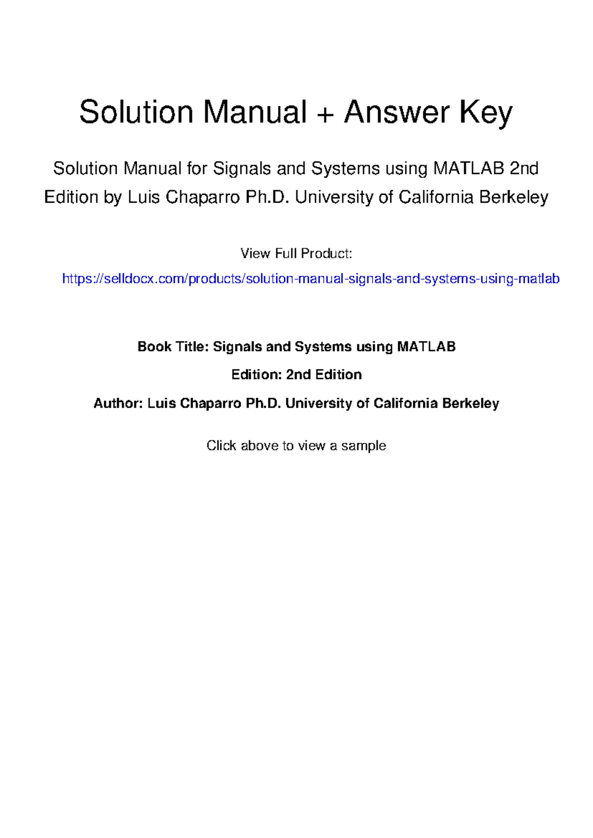 Solution Manual for Signals and Systems Using MATLAB (2nd Ed.) - Studocu