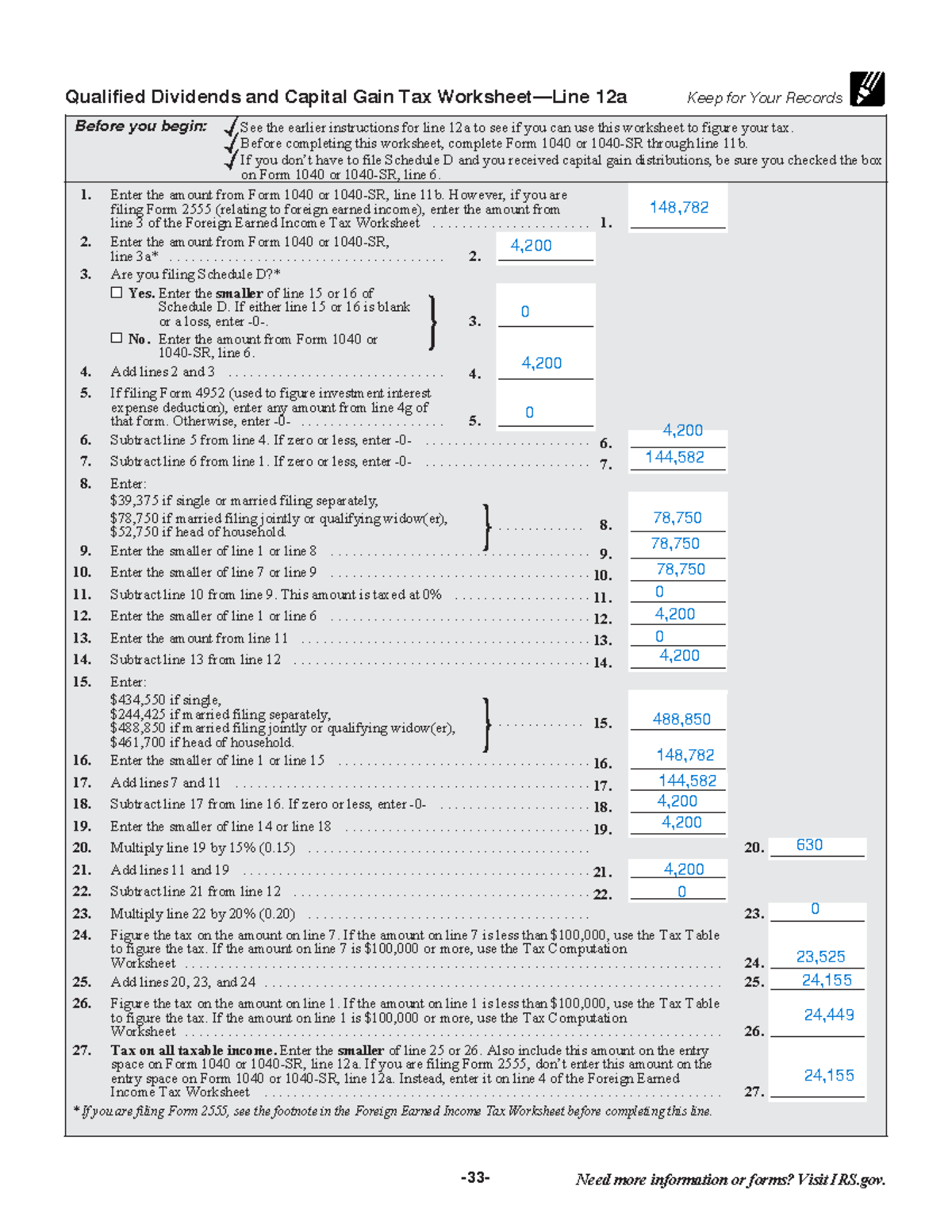 Qualified Dividends & Cap Gains Tax Worksheet (Form 1040, Line 12a ...