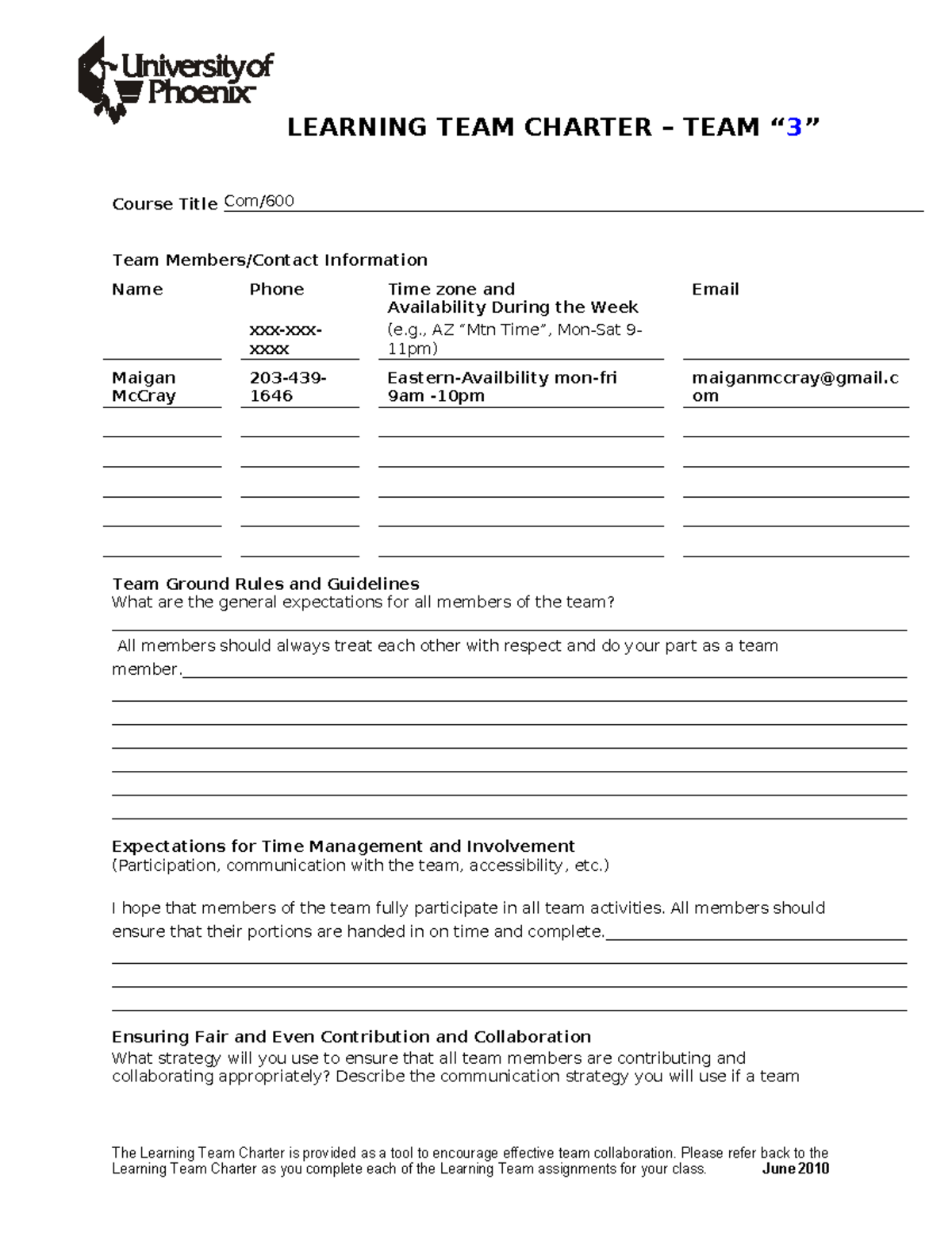 LEARNING TEAM CHARTER - Team Collaboration Guidelines (Course Code) - Studocu