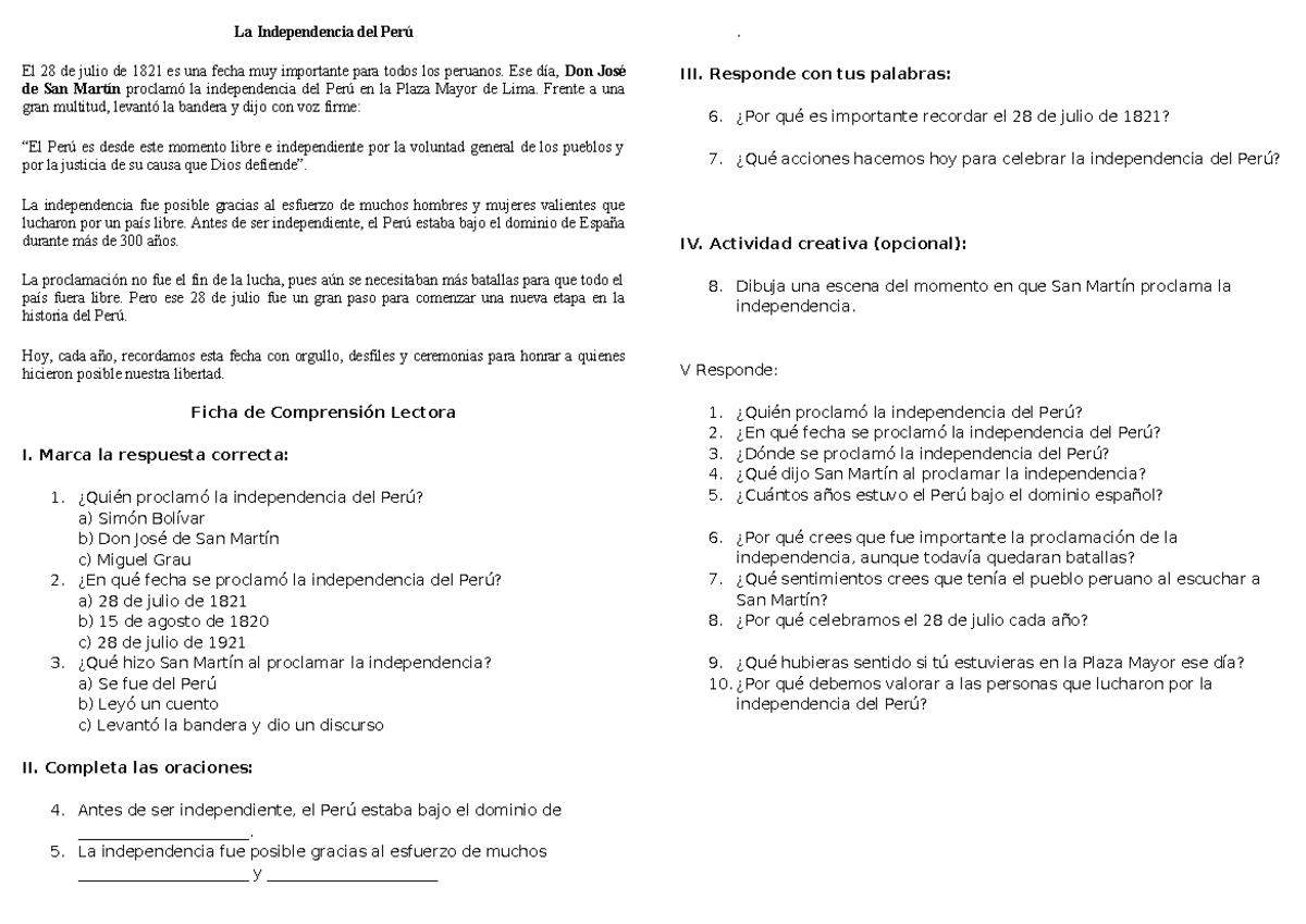 Ficha de Comprensión Lectora: La Independencia del Perú - Studocu