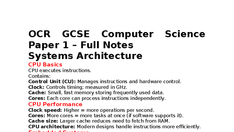 OCR GCSE Computer Science Paper 1: Comprehensive Notes on Systems ...
