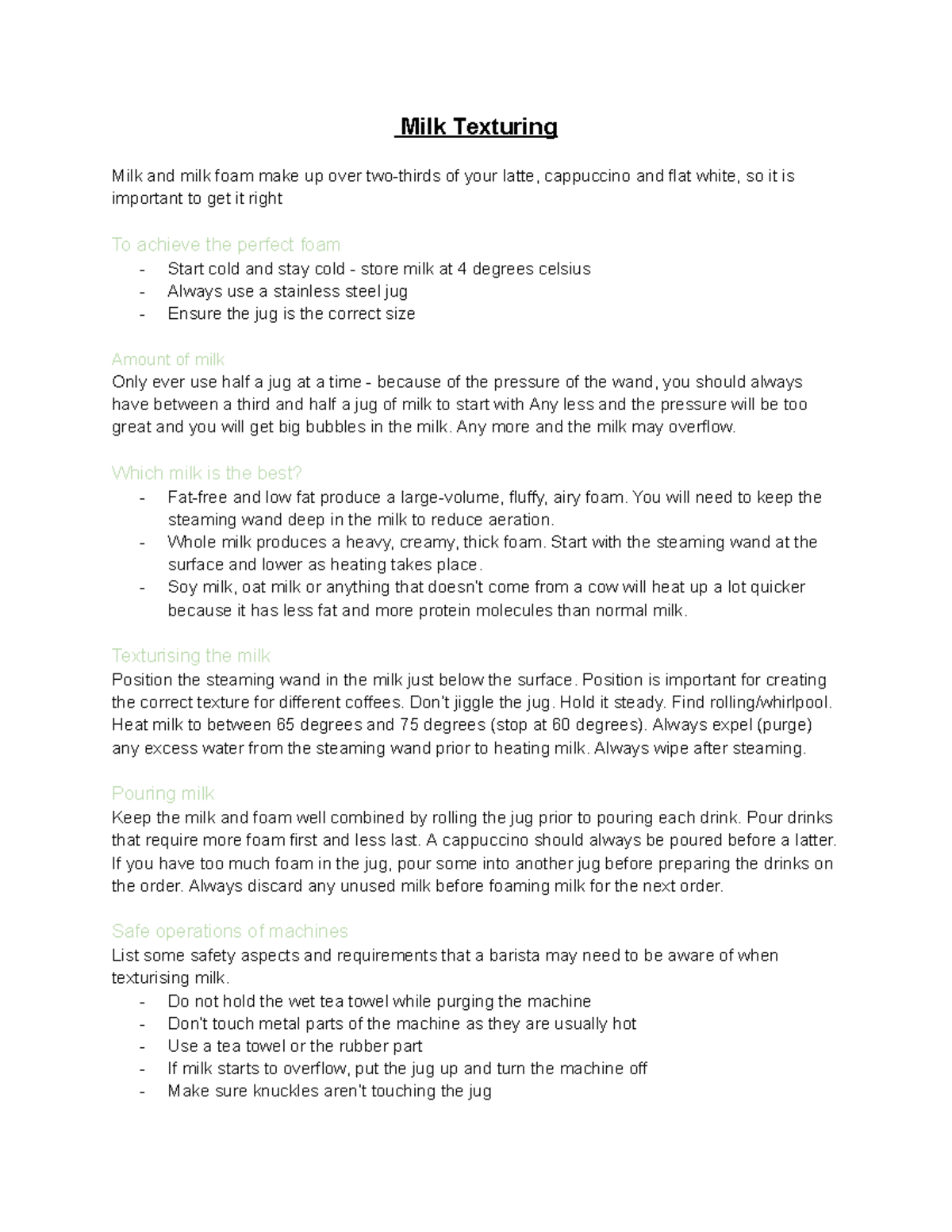 Hospitality Notes: Essential Guide to Milk Texturing Techniques - Studocu