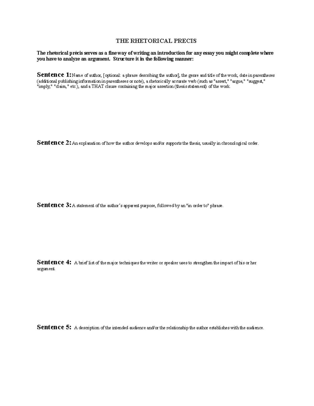 Rhetorical Précis Template for Essay Analysis - Studocu