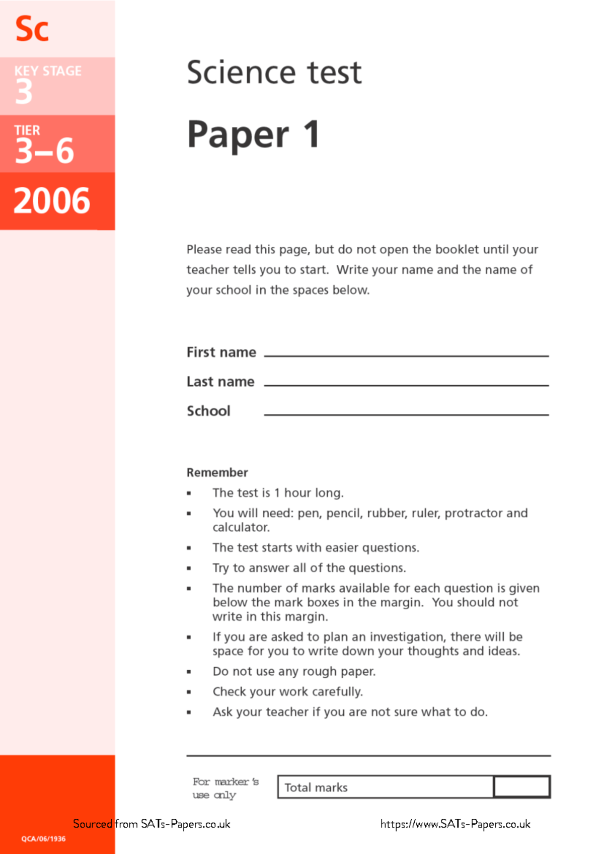 KS3 Science 2006 Level 3-6 Paper 1 Investigation and Analysis - Studocu