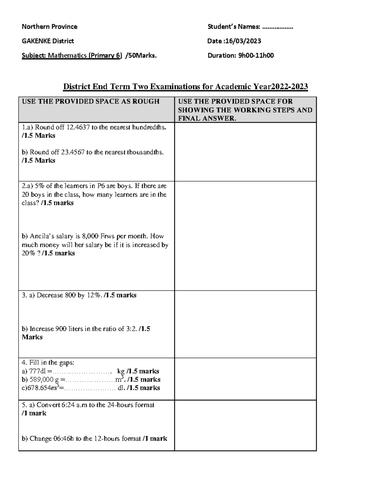 Primary 6 Maths End Term Exam - Northern Province (2022-2023) - Studocu
