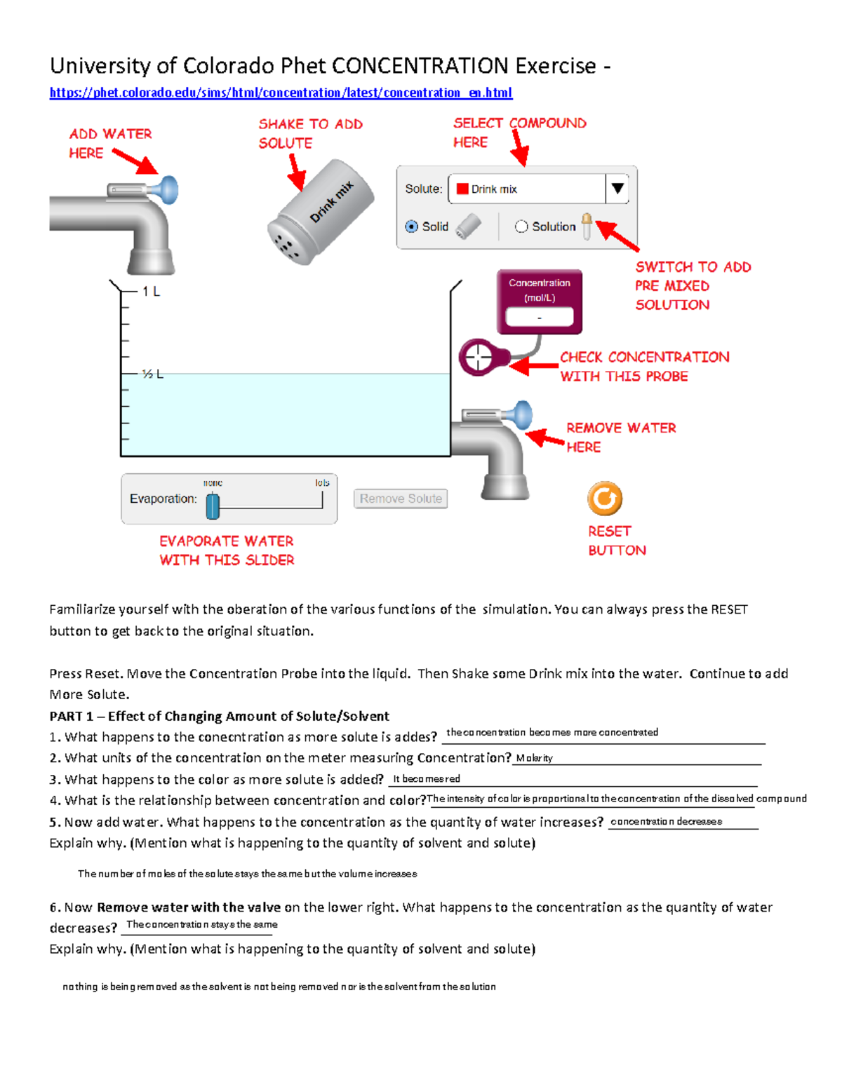 Phet Concentration Simulation Exploration Sheet - CHEM 101 - Studocu