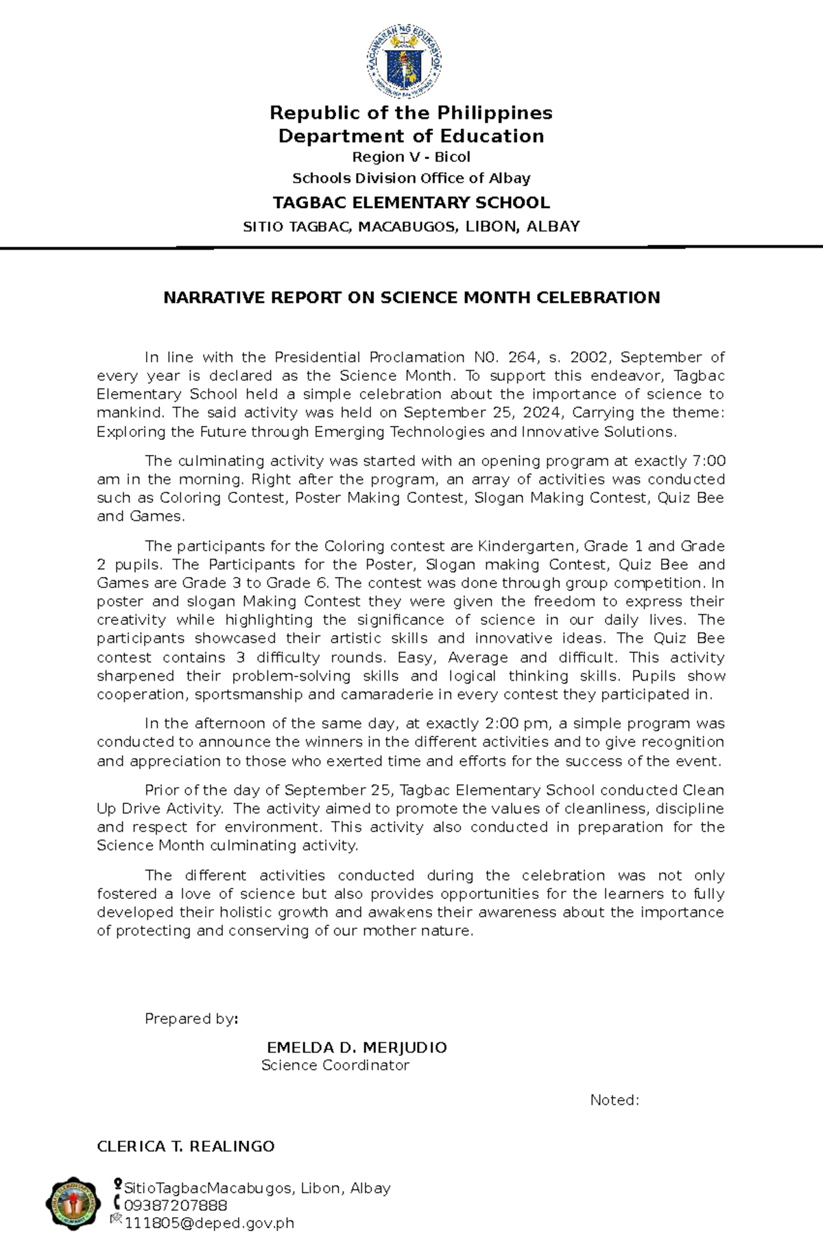 Narrative Report on Science Month Celebration at Tagbac Elementary ...