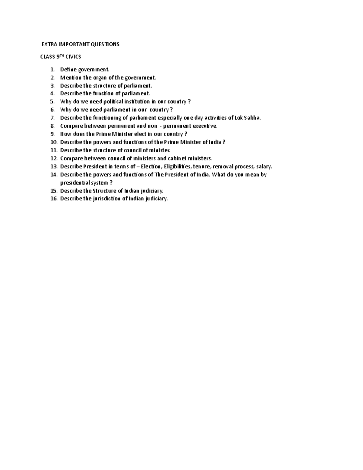 Class 9 Civics: Extra Important Questions for Exam Preparation - Studocu