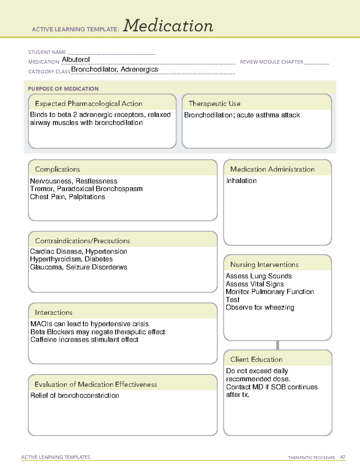 ACTIVE LEARNING TEMPLATE: Albuterol Review Module for Medications - Studocu