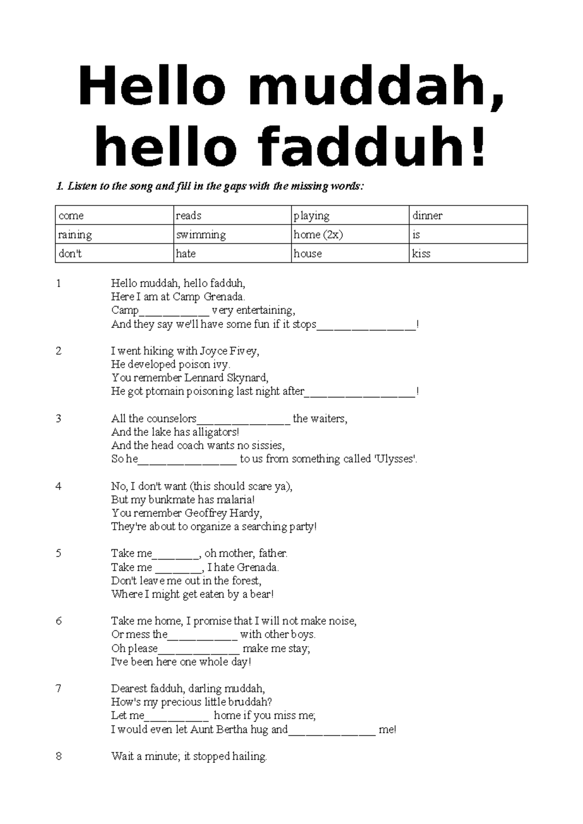 Hello Muddah, Hello Fadduh! Camp Grenada Activity Guide - Studocu