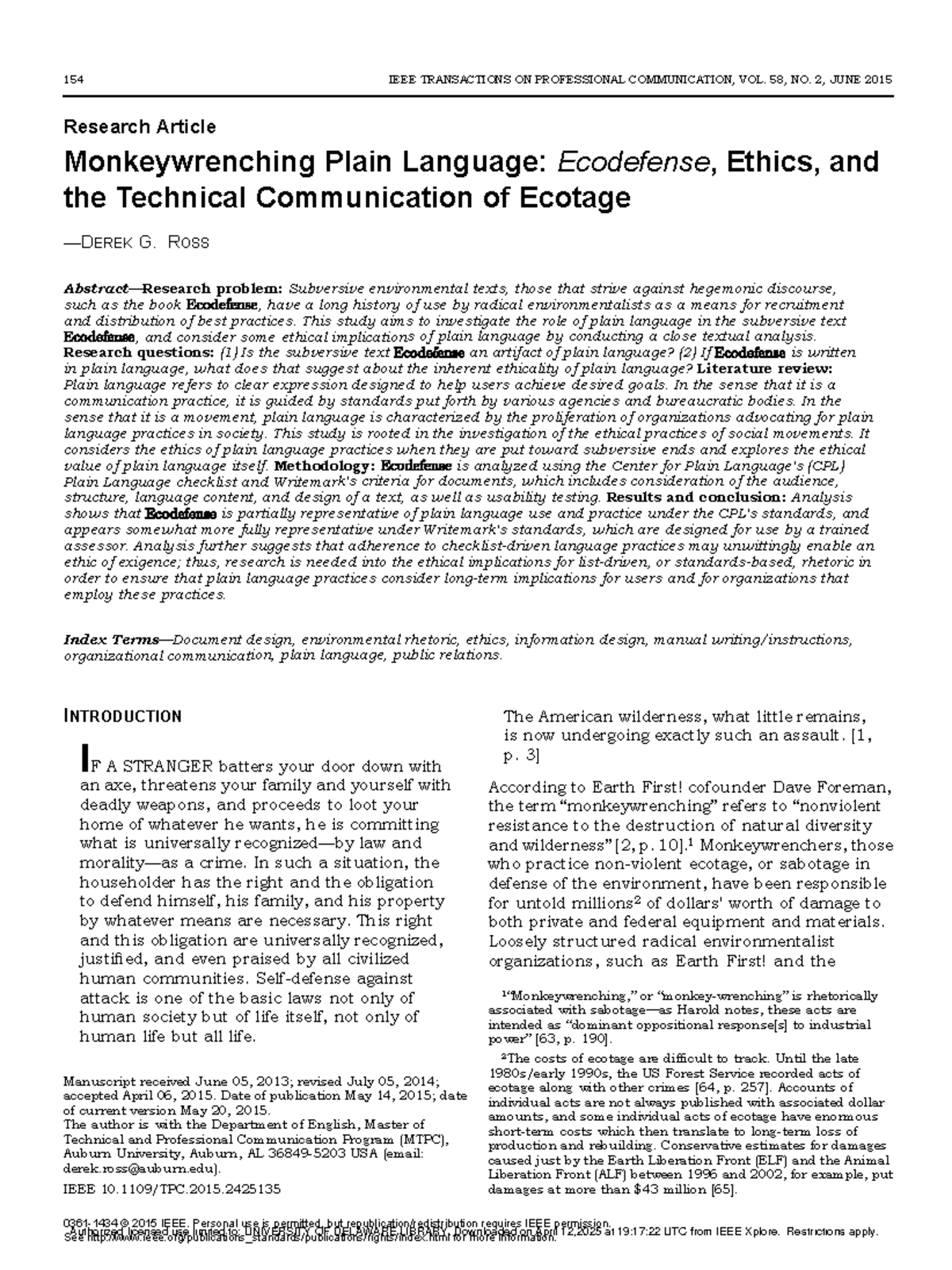 Ecodefense: Analyzing Plain Language in Radical Environmentalism - 154 ...