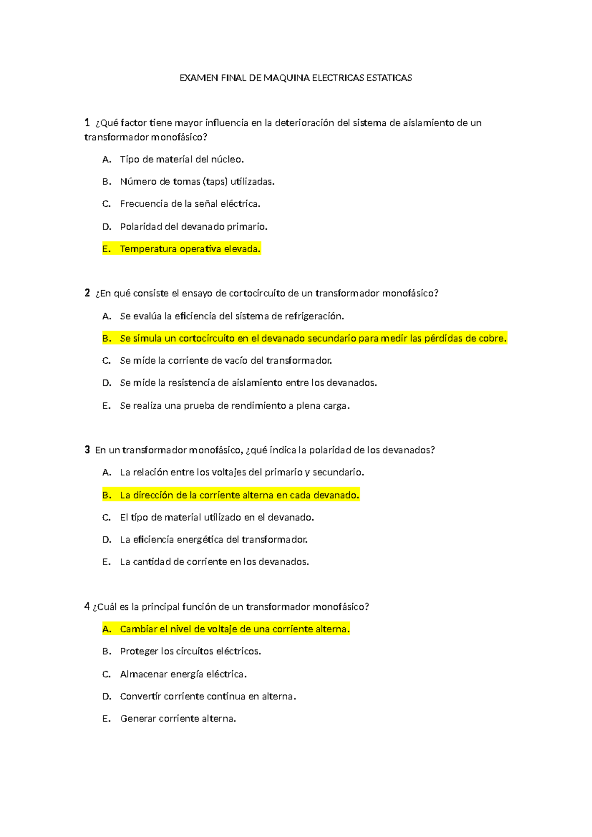 Examen Final de MAQUINAS ELÉCTRICAS ESTÁTICAS - Preguntas y Respuestas - Studocu