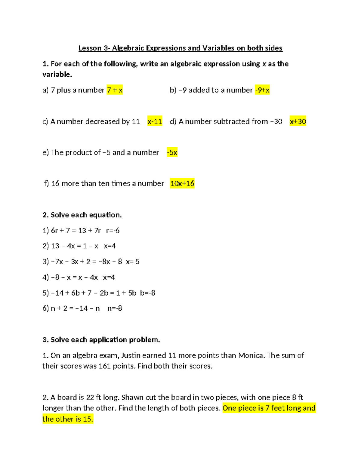 Algebraic Expressions Lesson 3 - Variables and Equations - Studocu