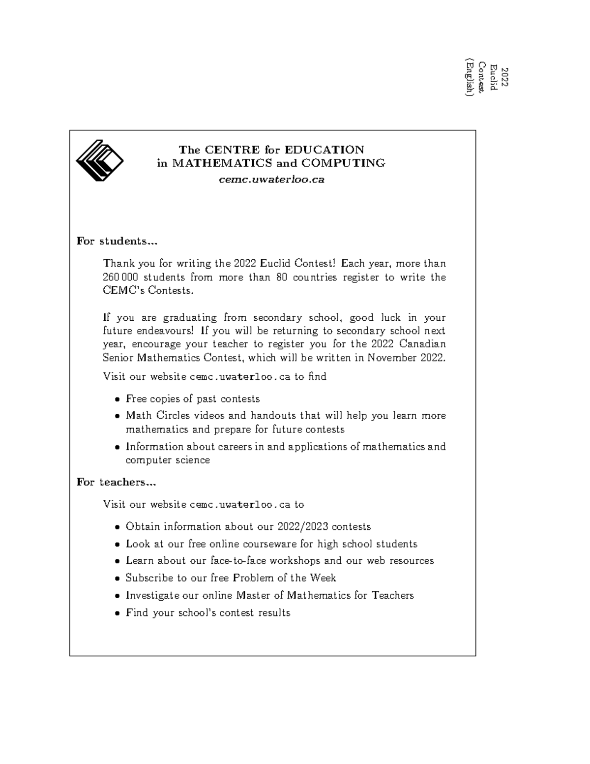 Euclid Contest 2022 Overview and Information for Participants - Studocu