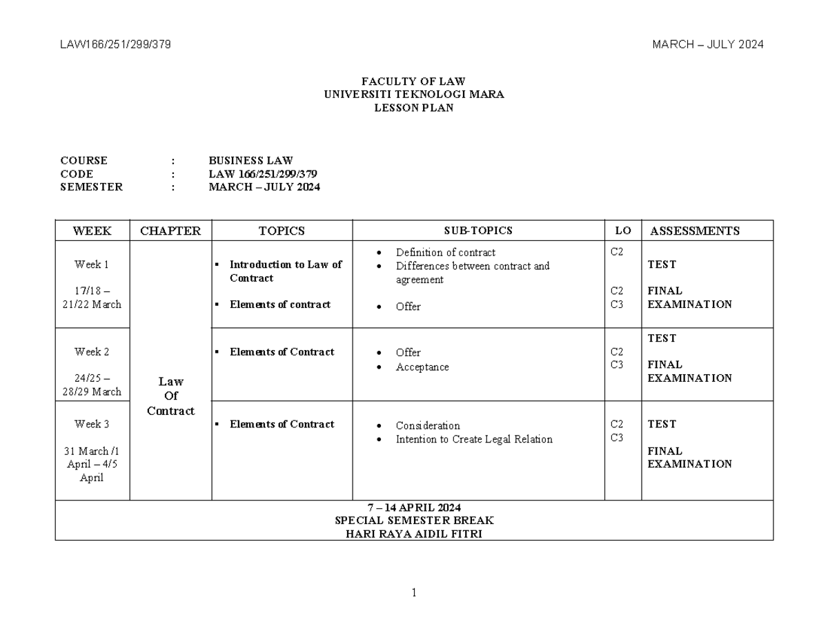 Lesson Plan for Business Law LAW299 - Semester March to July 2024 - Studocu
