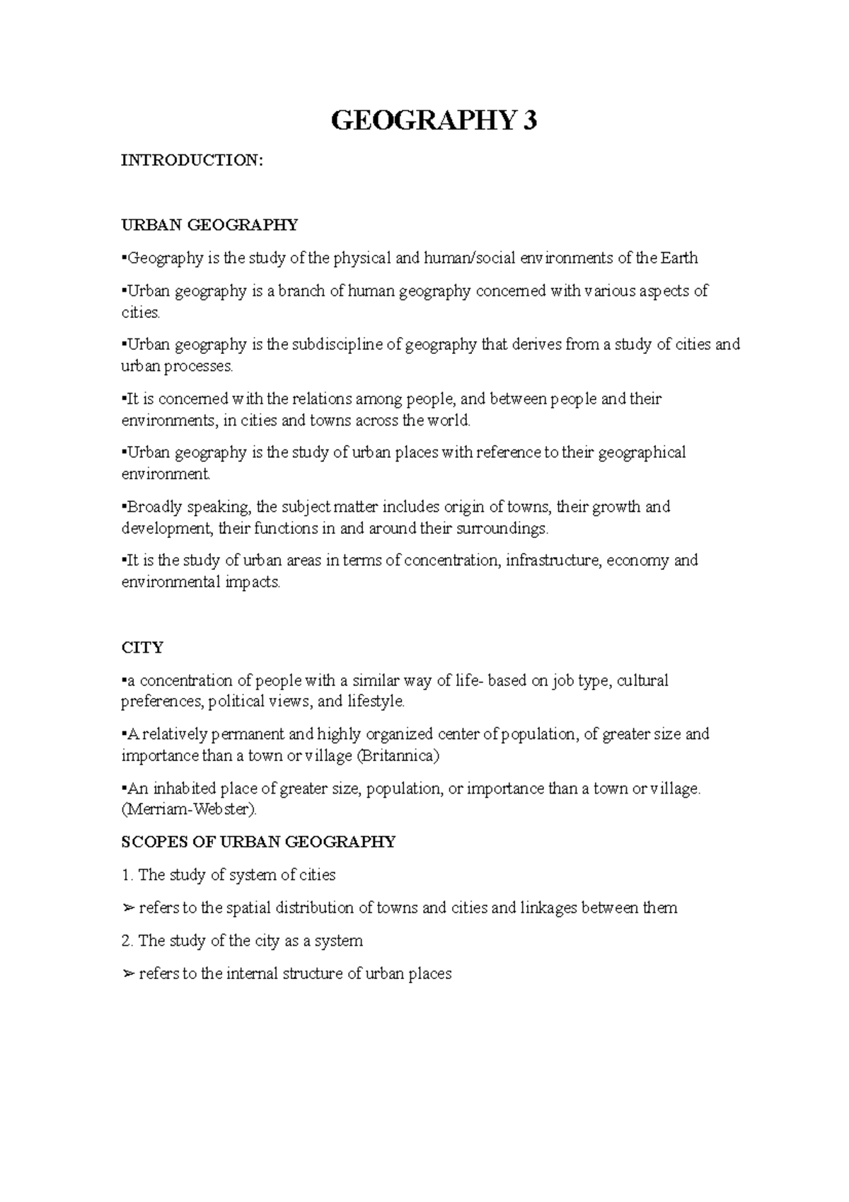 Geography 3 - Urban Geography Overview and Key Concepts - Studocu