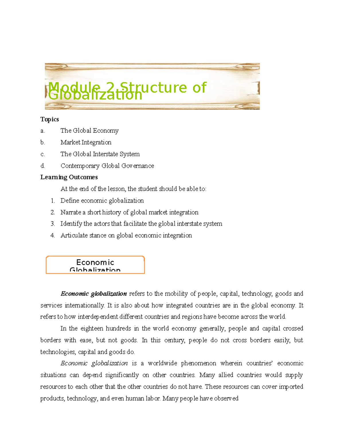 Contemporary World Module 2: Economic Globalization & Governance ...