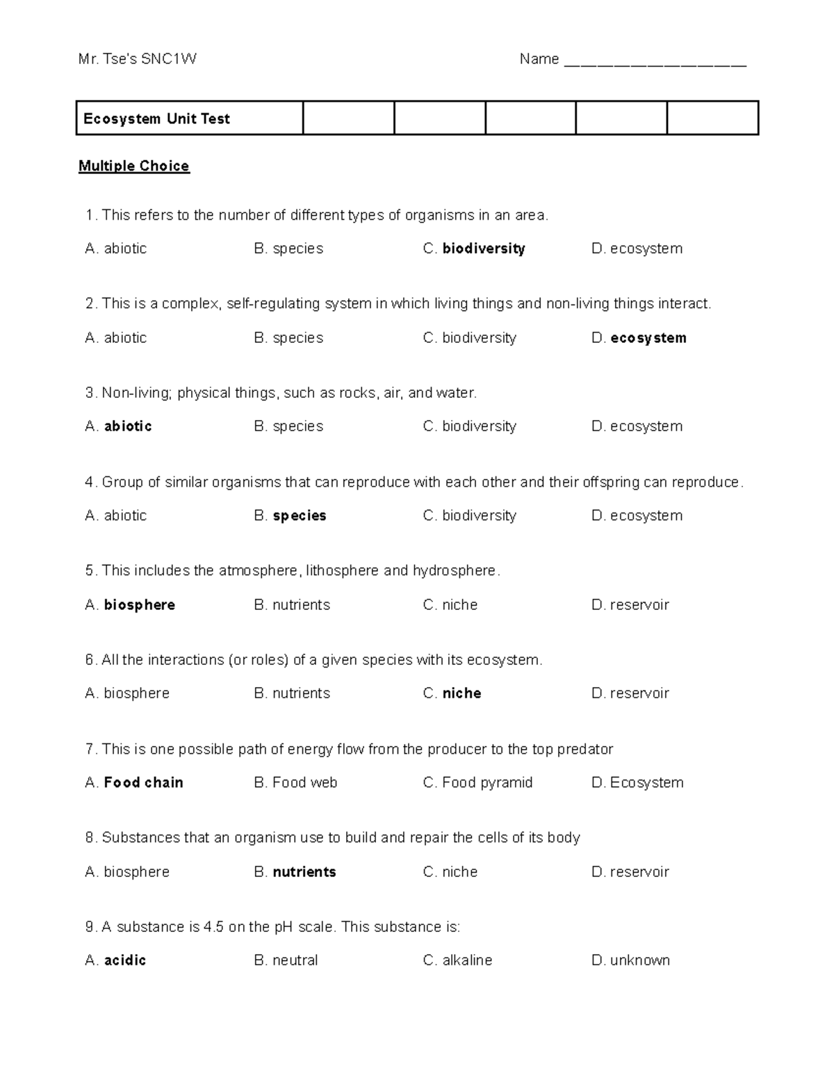 Ecosystem Practice Test - Ecosystem Unit Test Multiple Choice This ...