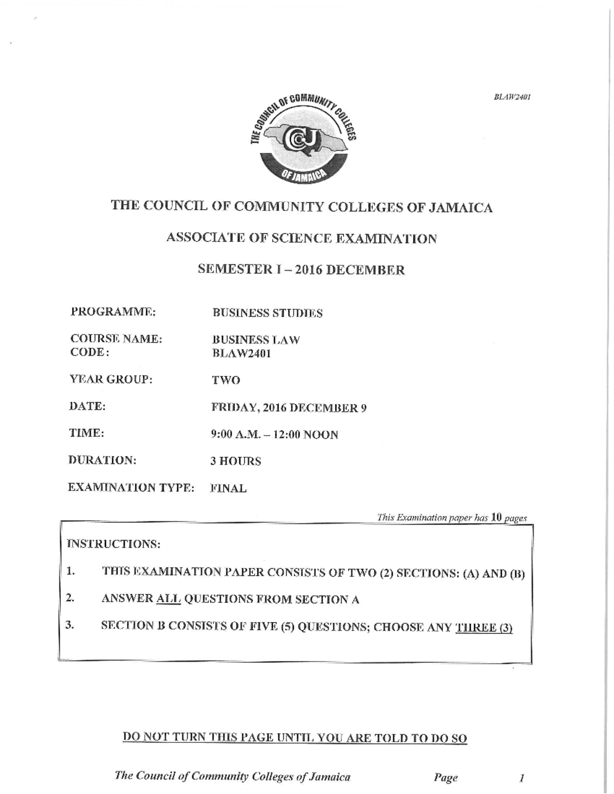 BLAW2401 Business Law Final Exam December 2016 - Past Paper - Studocu