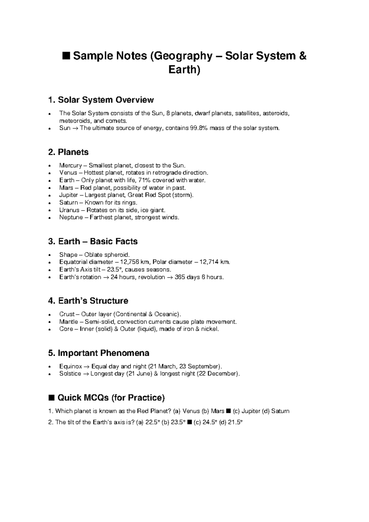 Geography Notes: Solar System Overview & Earth Facts - Studocu