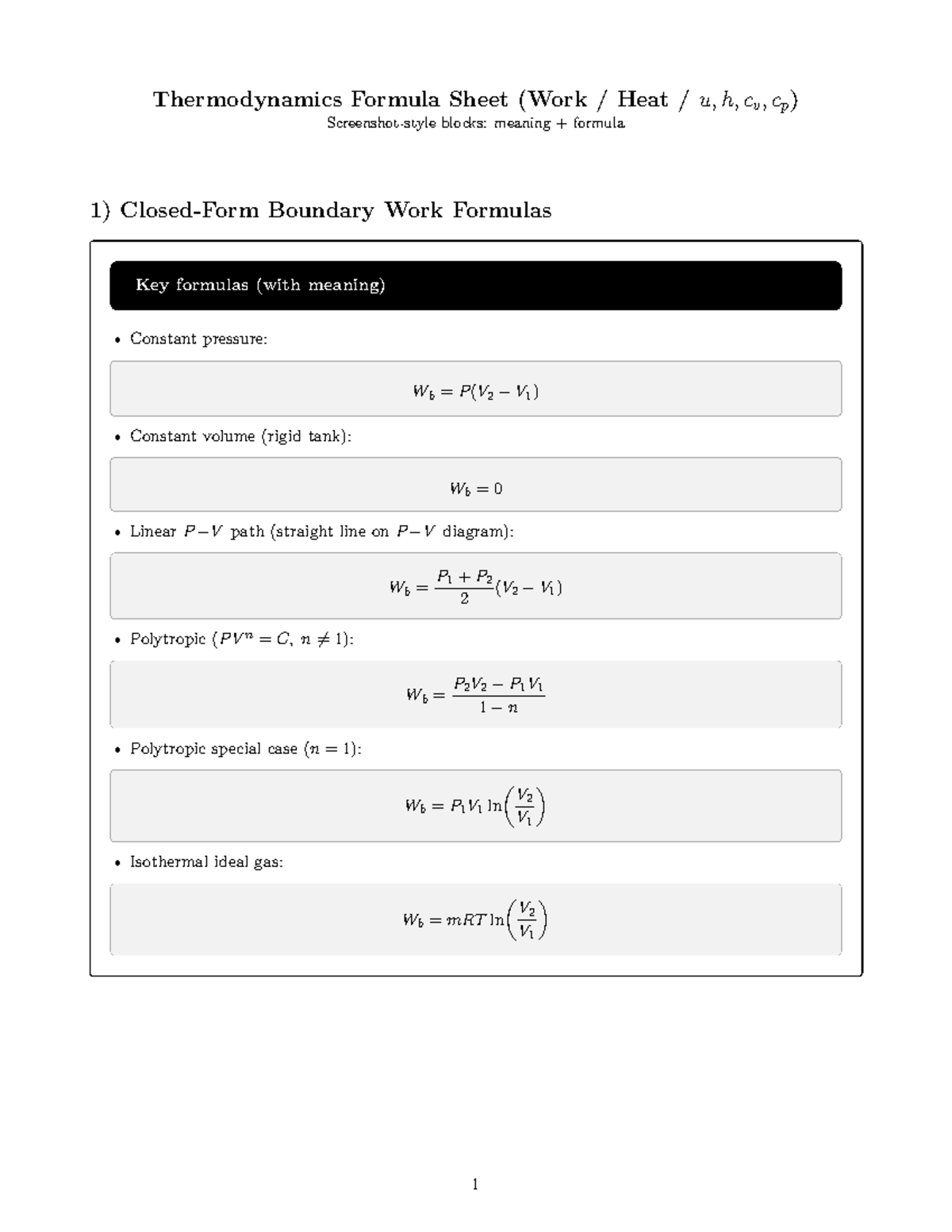 Thermodynamics Formula Sheet for Thermo1: Key Equations & Concepts ...