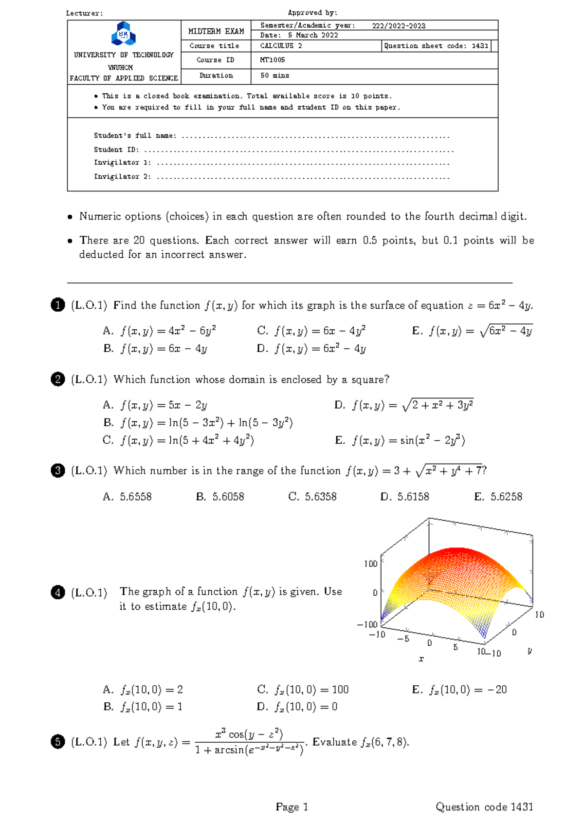 Calculus 2 Midterm Exam MT1005 - Question Sheet Code 1431 - Studocu