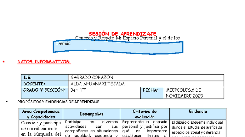 SESION DE APRENDIZAJE: Conozco y Respeto Mi Espacio Personal - 3er ...