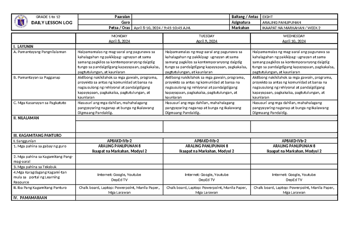 DLL AP8 Q4 W2 - Daily Lesson Log for Araling Panlipunan 8 - Studocu