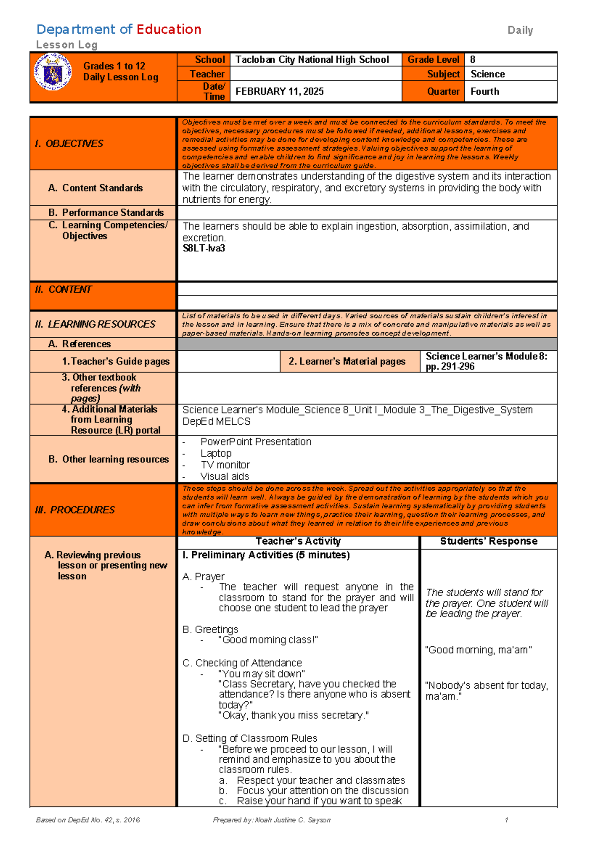 DLL Detailed Template Blank - Department of Education Daily Lesson Log ...