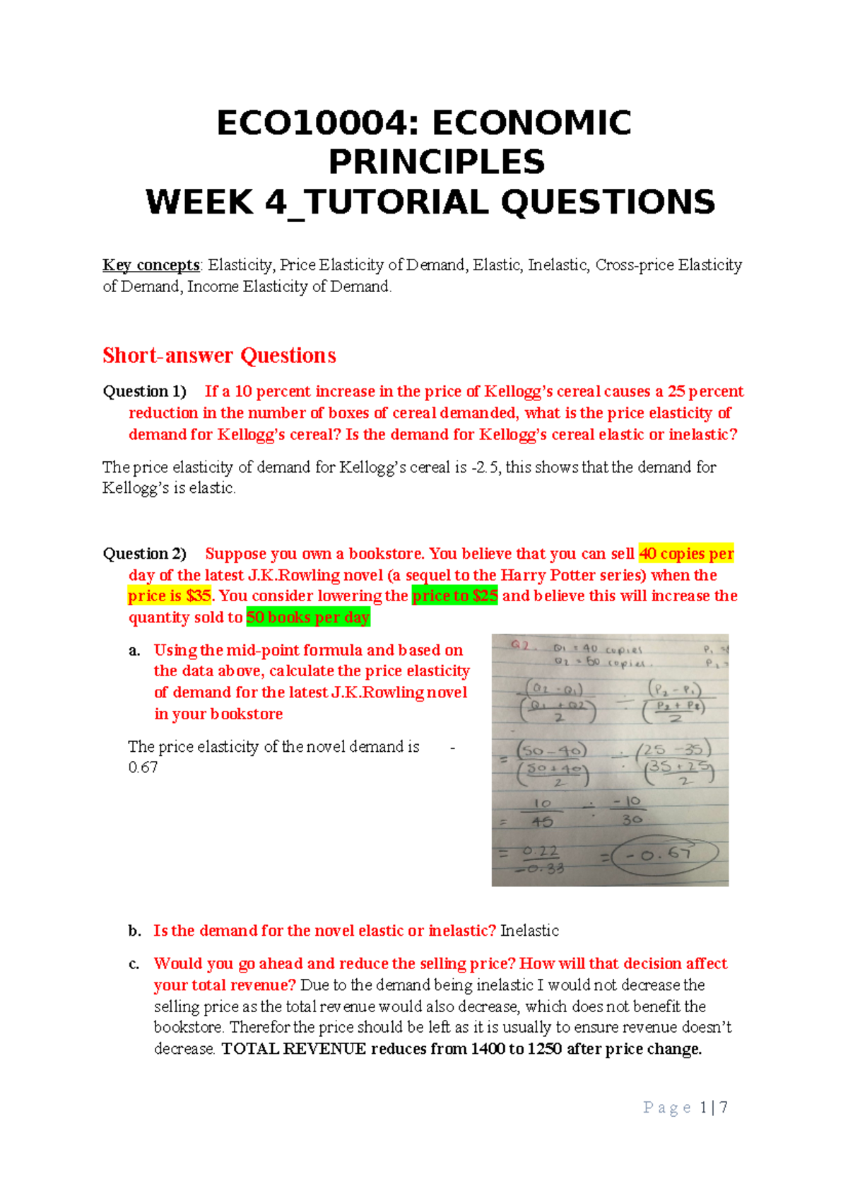 Week 4 Tutorial Questions - ECO10004: ECONOMIC PRINCIPLES WEEK 4 ...