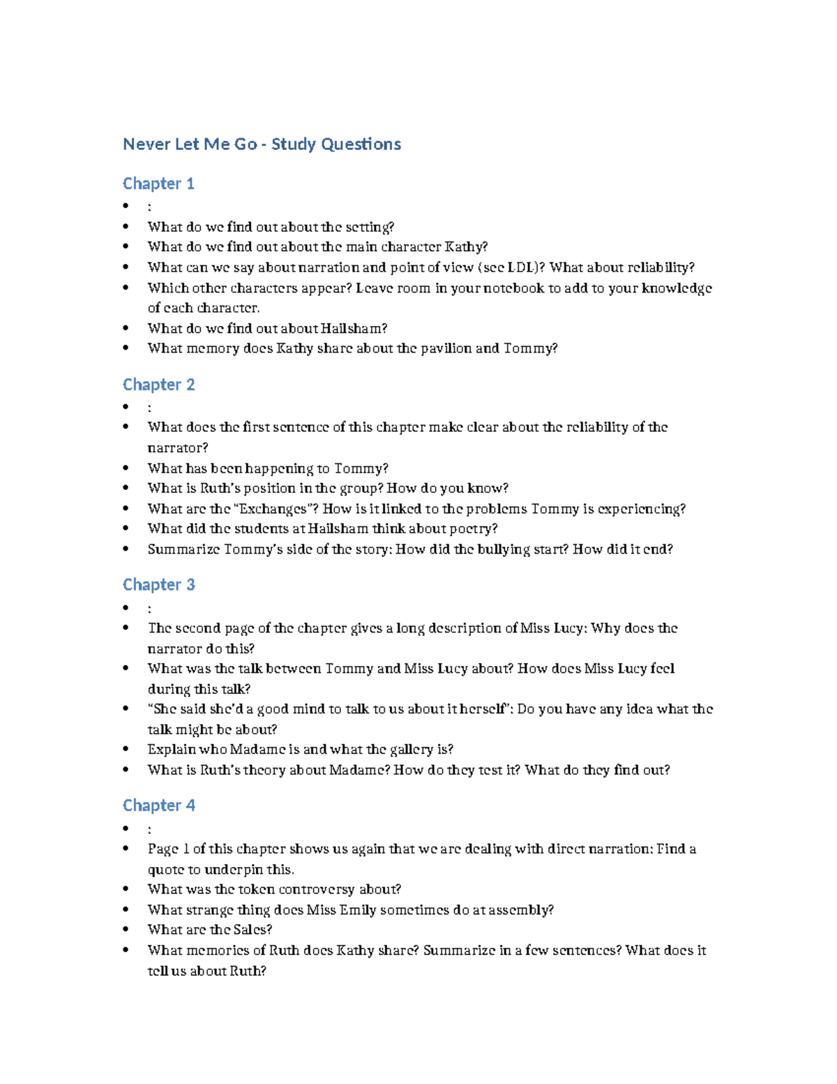 Never Let Me Go Study Questions: Chapters 1-23 Analysis - Studocu