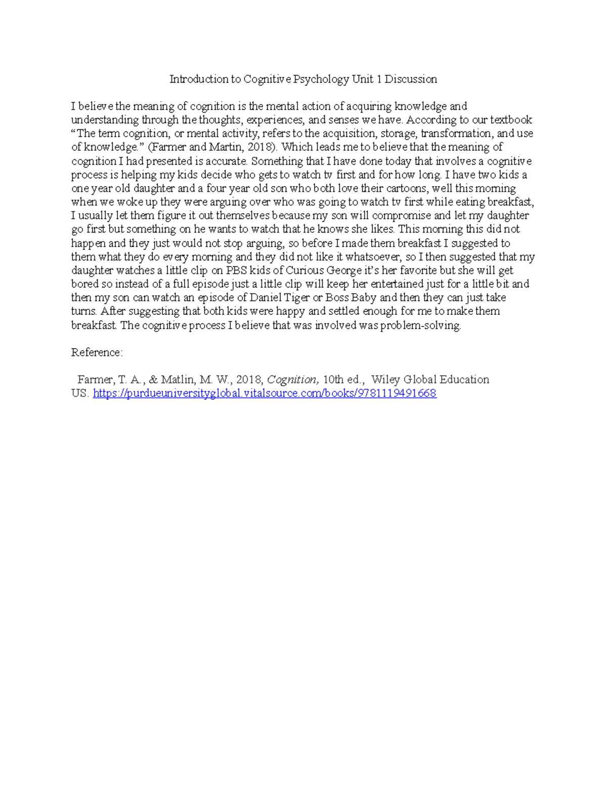 Introduction to Cognitive Psychology Unit 1 Discussion - Introduction ...