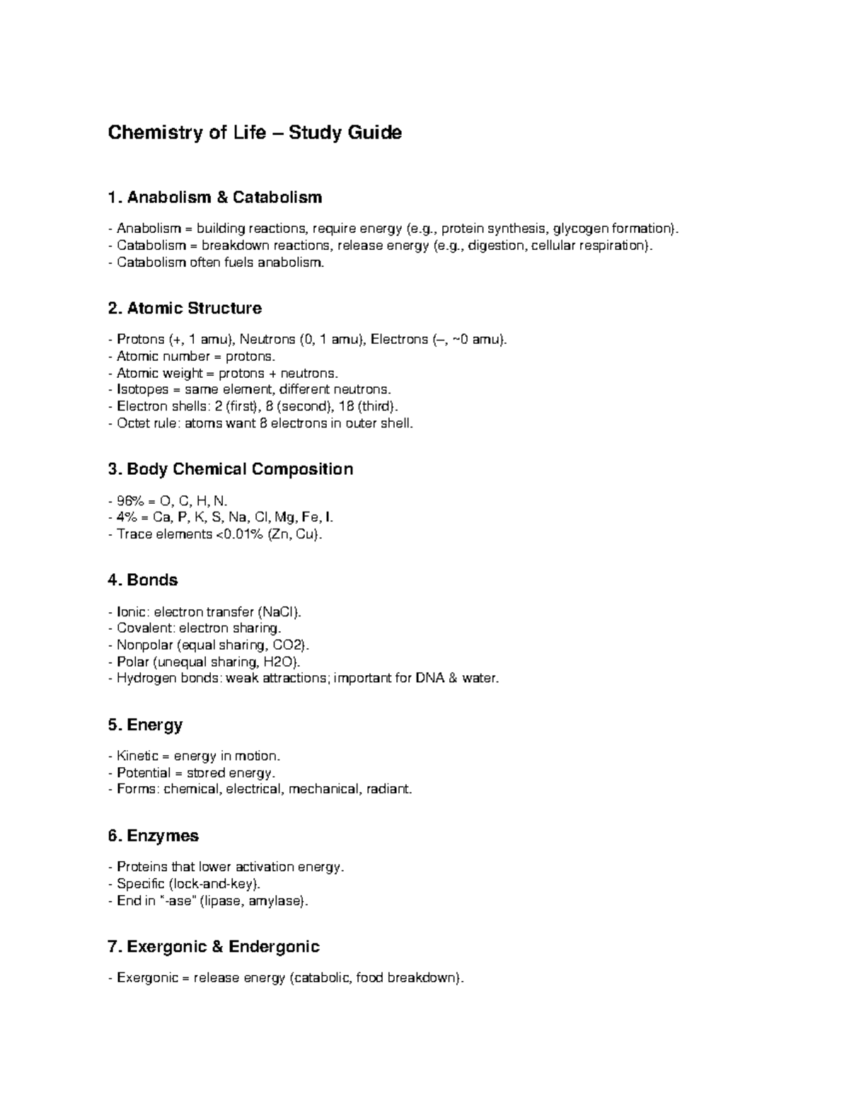 Chemistry of Life Study Guide 1: Key Concepts & Reactions - Studocu
