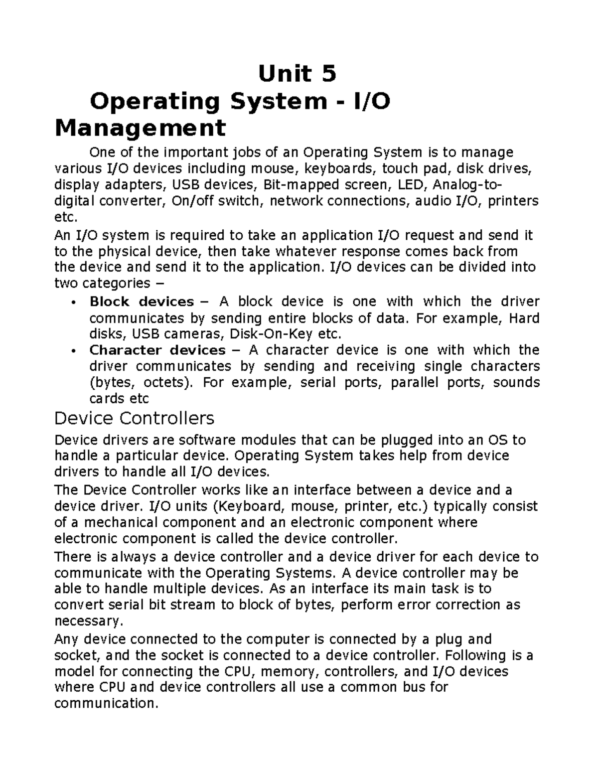 Unit 5 (OS) Notes: I/O Management and Device Handling Concepts - Studocu