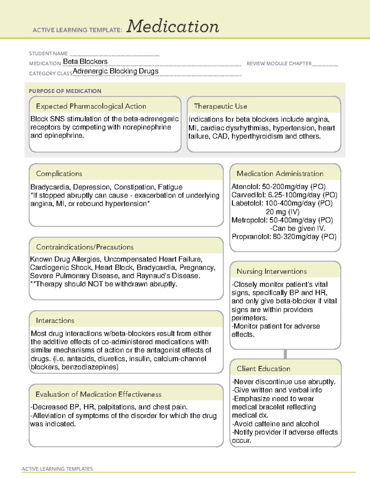 Beta Blockers Med Sheet - ACTIVE LEARNING TEMPLATES Medication STUDENT ...