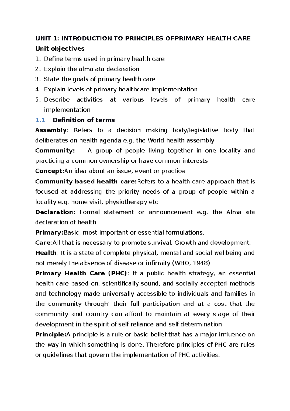 PHC 101 - Intro to Primary Health Care: Principles & Background - Studocu