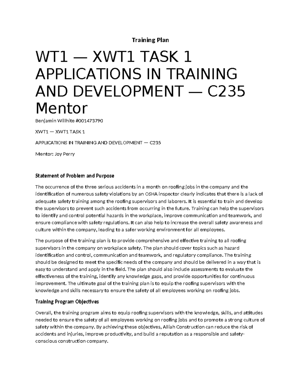 XWT1 TASK 1 - Passing task 1 assignment - Training Plan WT1 — XWT1 TASK 1 APPLICATIONS IN ...