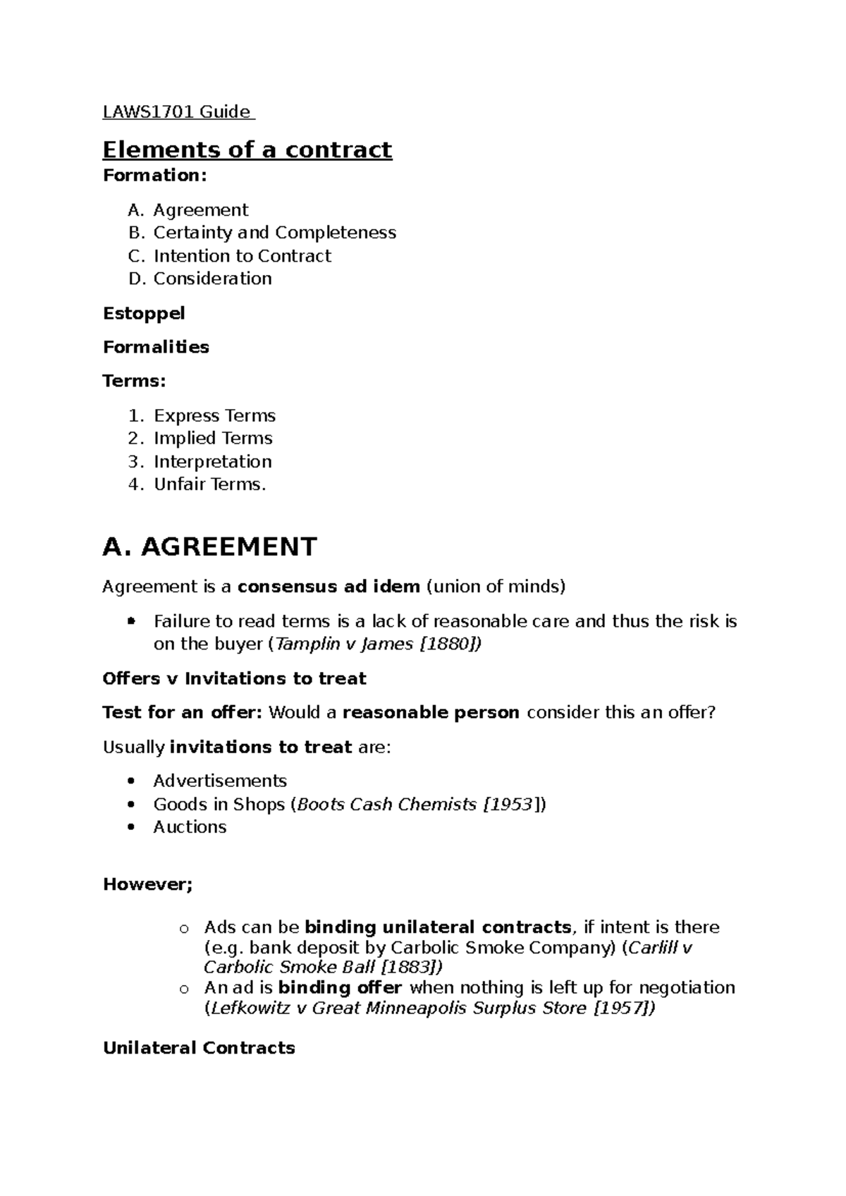 LAWS1701 Guide: Elements of Contract Formation and Key Concepts - Studocu