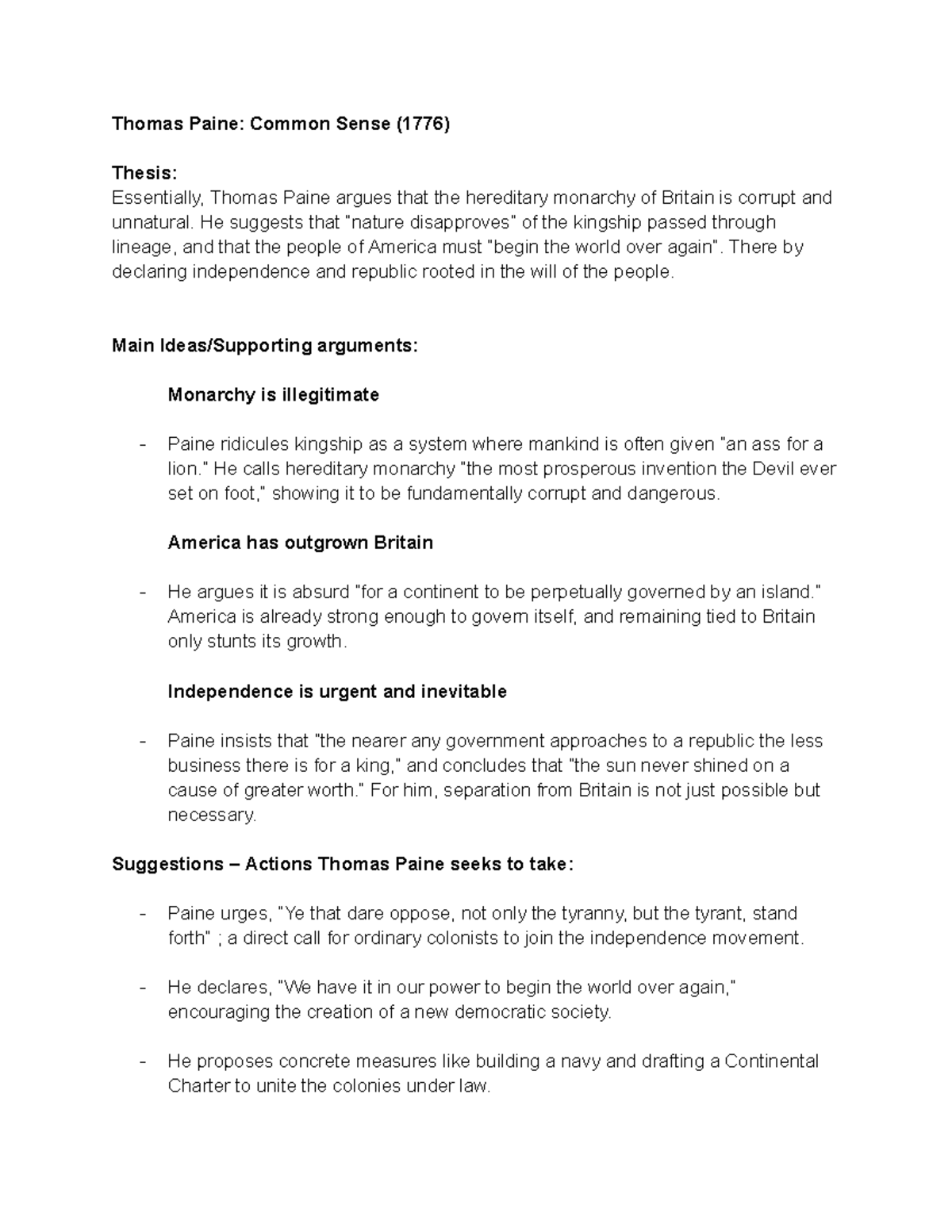 Thomas Paine's Common Sense (1776): A Call for Independence - Studocu