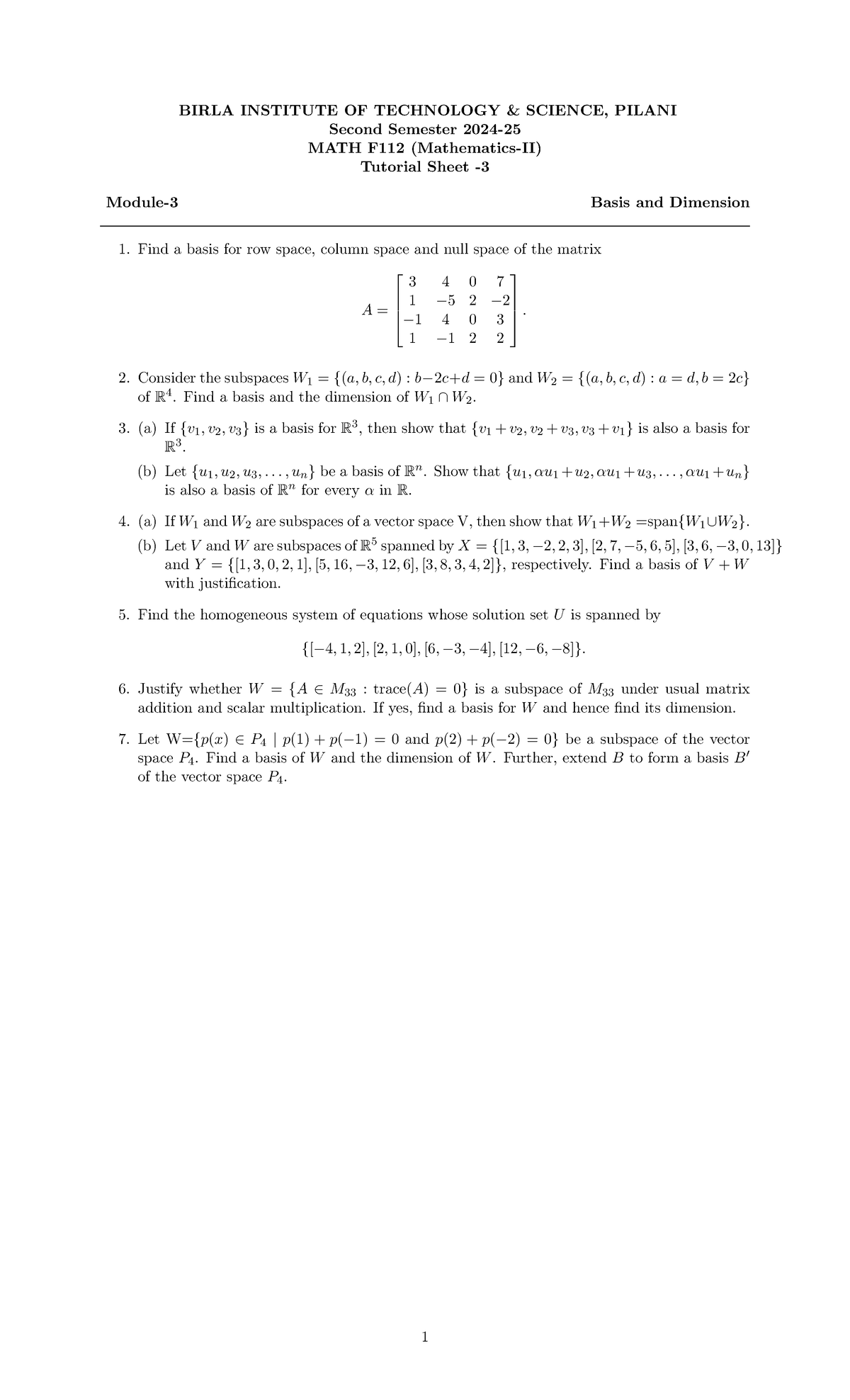Tutorial sheet 3 for MATH F112: Basis and dimension concepts - Studocu