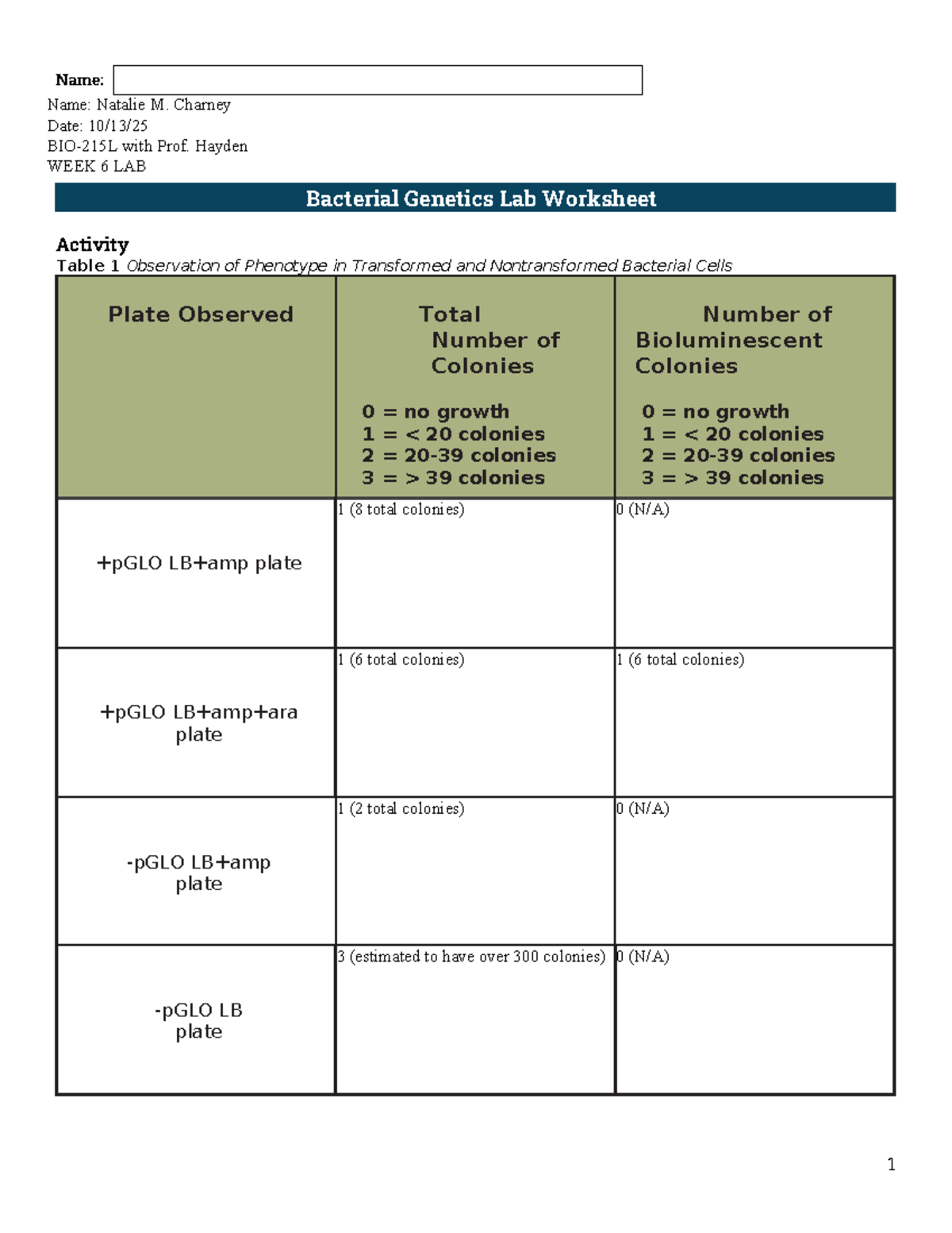 BIO-215L Week 6 Lab: Bacterial Genetics Observations & Analysis - Studocu