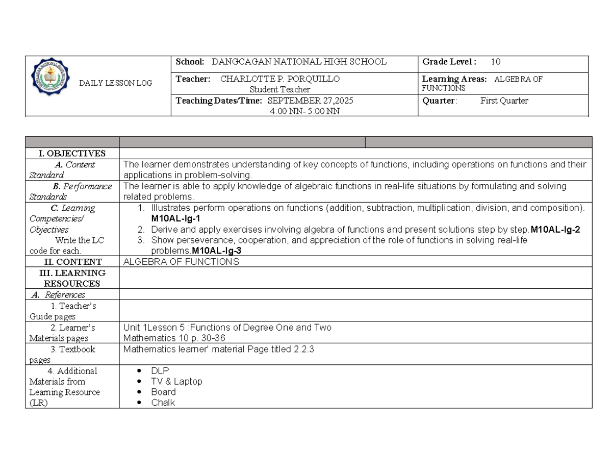 DAILY LESSON LOG: ALGEBRA OF FUNCTIONS (MATH 10) - SEPT 27, 2025 - Studocu