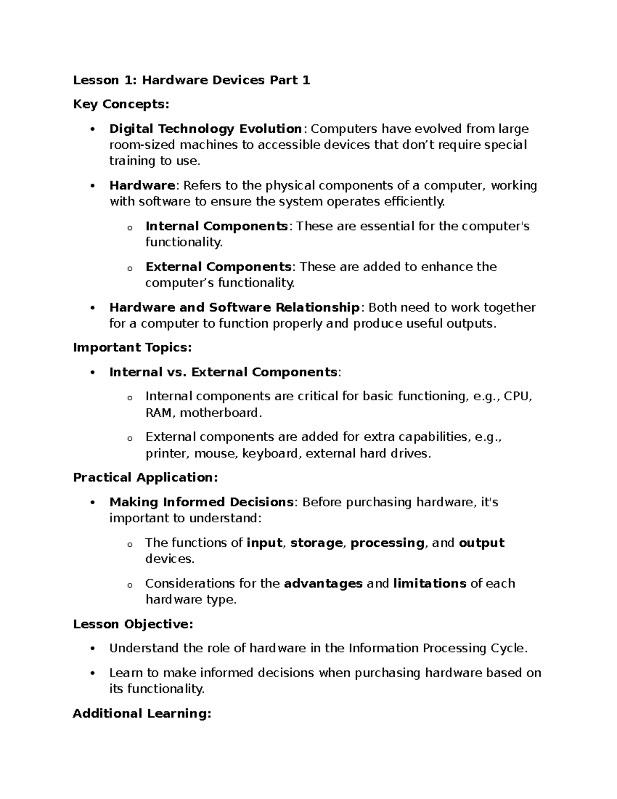 Lesson 1: Hardware Devices Part 1 - Key Concepts & Recommendations ...