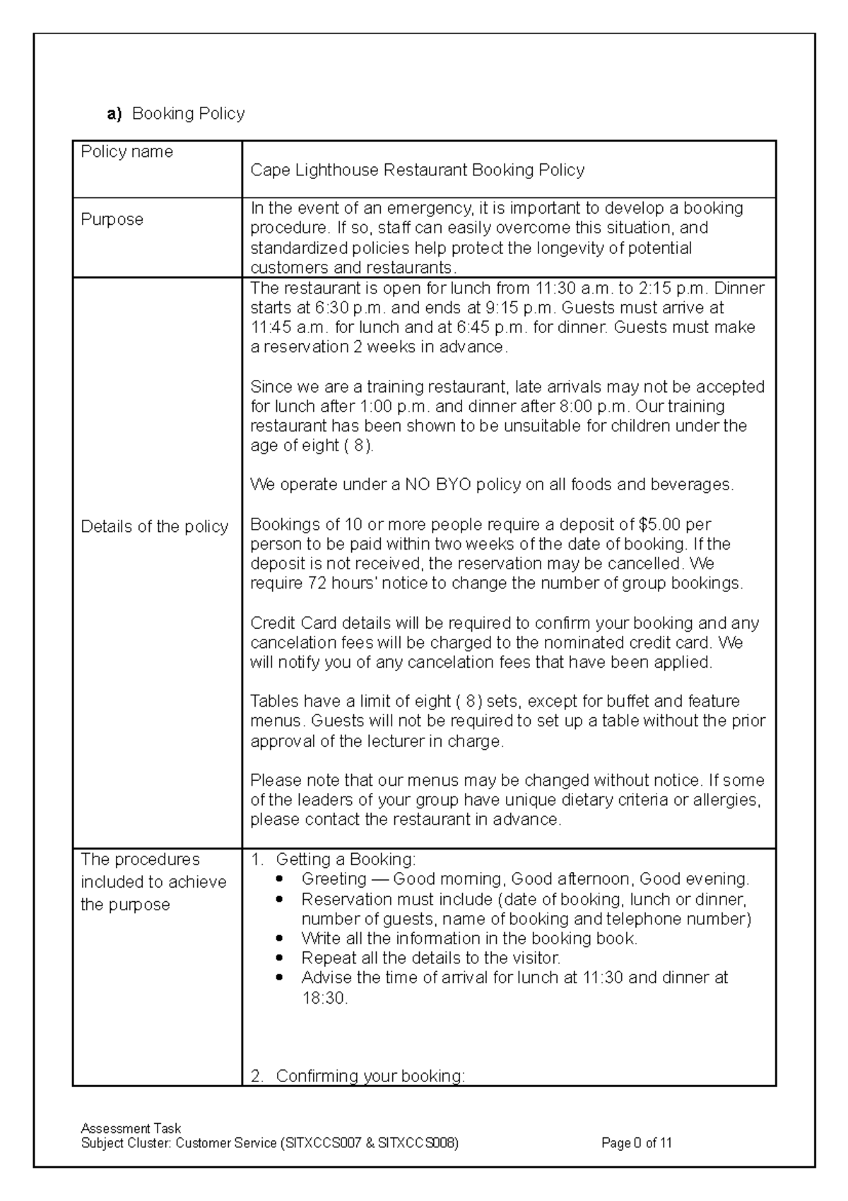 Cape Lighthouse Restaurant Customer Service Policy Overview - Studocu