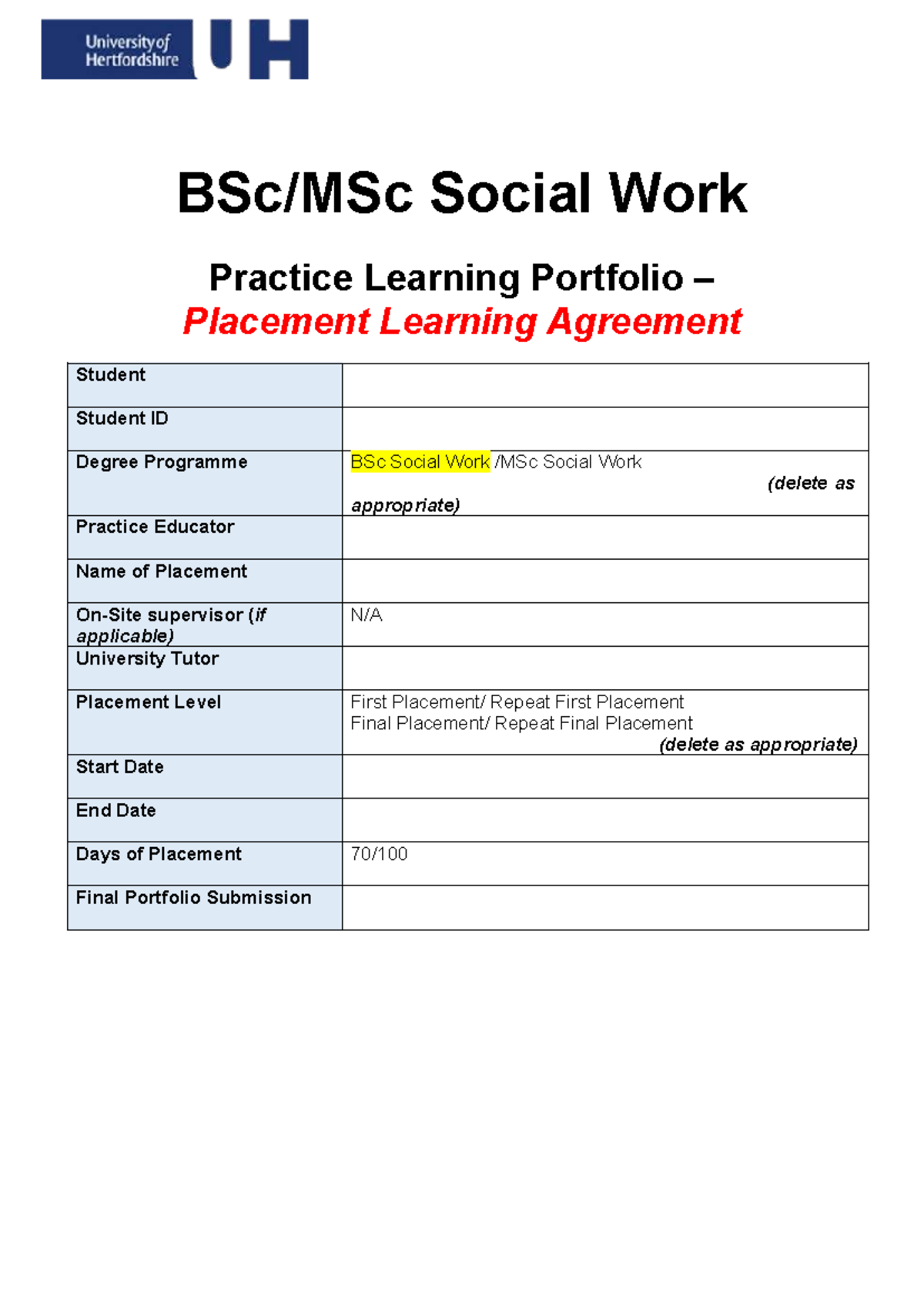 BSc Social Work Placement Learning Agreement - Confidentiality ...