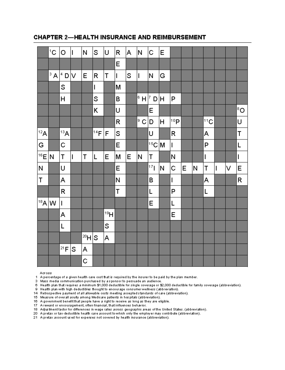 NURS 3208 Chapter 2 Crossword: Insurance & Reimbursement Terms - Studocu