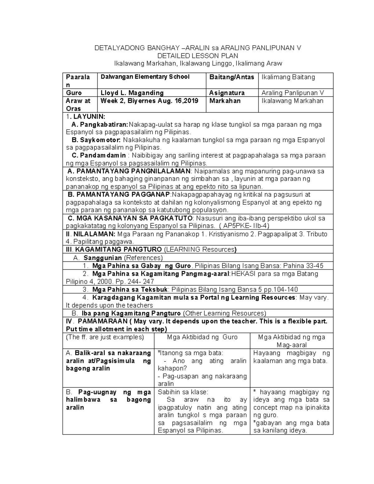 Detailed Lesson Plan: Araling Panlipunan V AP5PKE- IIb-4 Grading Period ...